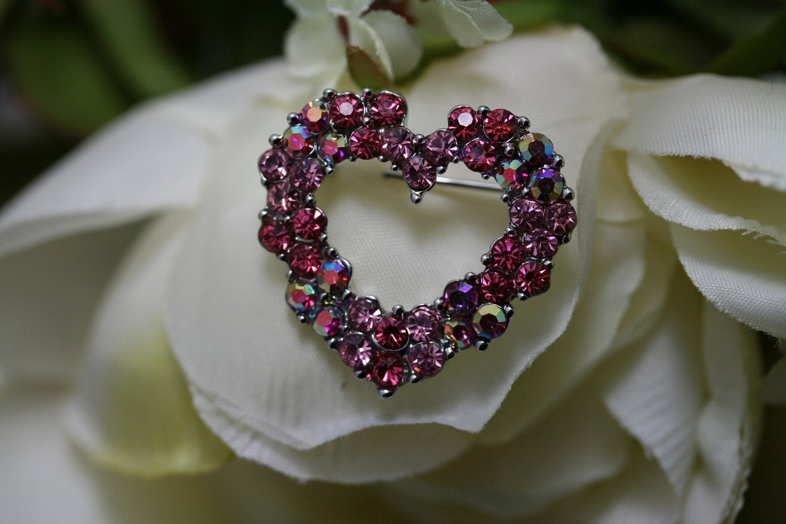 Pink Rhinestone Valentines Heart Pin Etsy