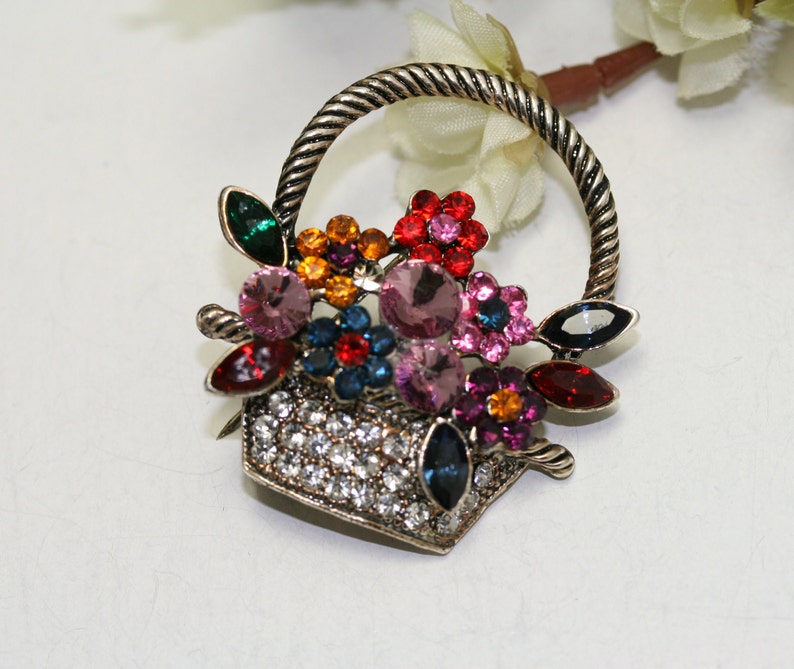 Colorful Antique Flower Basket Brooch Pin Artificial Crystal - Etsy