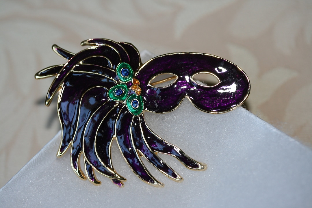 New Orleans Mardi Gras Mask Brooch Pin Enamel Rhinestones Gold Tone - Etsy