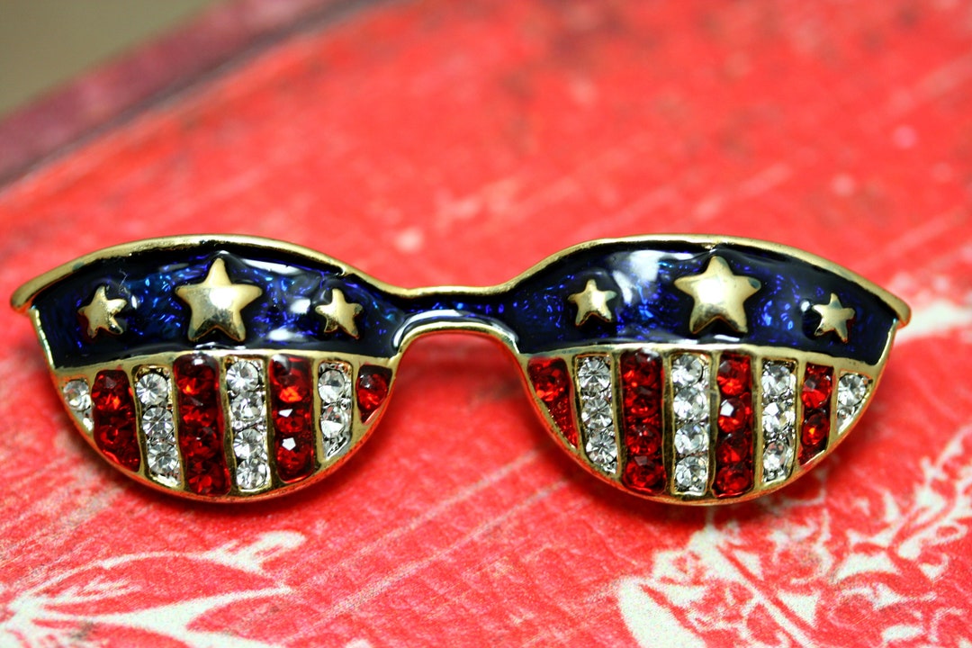 Patriotic Sunglass Enamel Brooch, Rhinestone USA Sunglass Pin, 4th July ...