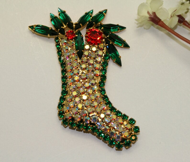 Vintage Christmas Massive Rhinestone Stocking Figural Pin - Etsy