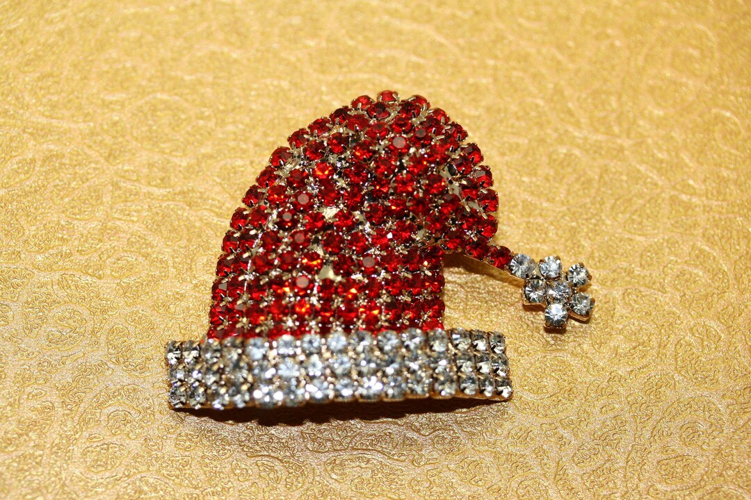 Rhinestone Christmas Santa Clause St. Nick Hat Brooch, Crystal Santa ...