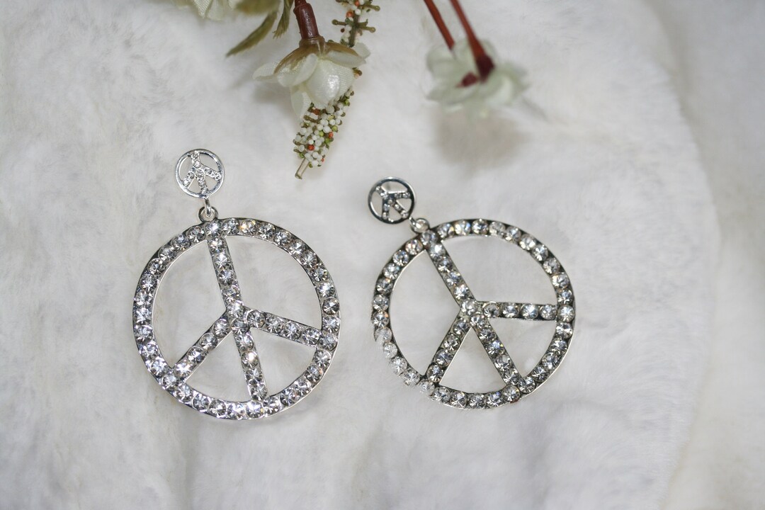 Peace Symbol Earrings, CZ Diamond Peace Sign Dangle Earring, Rhinestone ...