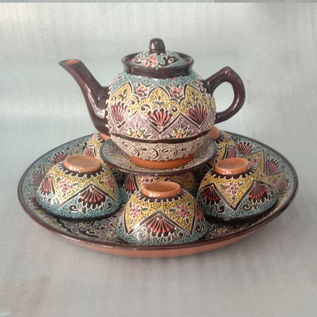 Uzbek Set Art, Teapot Set 6, Coffee and Tea Cup, Tradional Art, Small ...