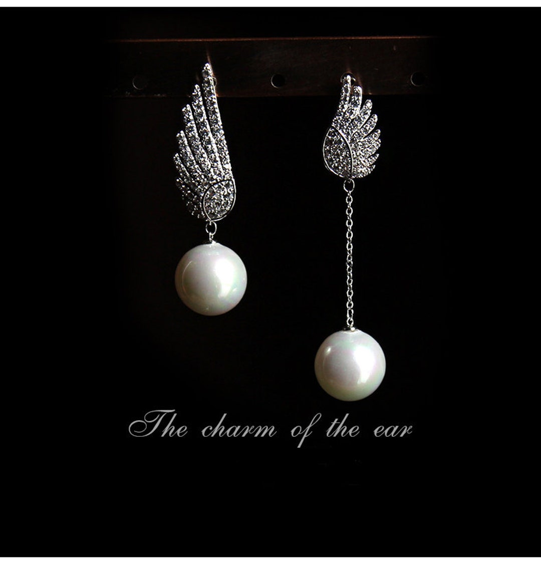 Asymmetric Pearl Angel Wing Tiny Crystal Silver Earrings - Etsy
