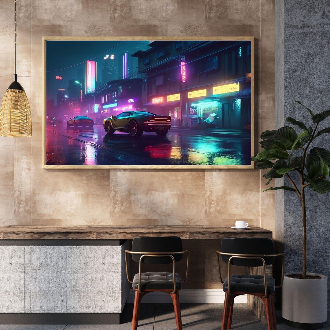 Retro-futuristic Neon Metropolis • Vintage Cyberpunk Landscape • Flying ...