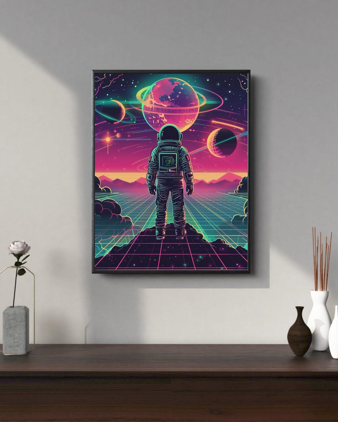 Retro Sci-fi Poster | Neon Astronaut Art Print in 80s Futuristic Style ...