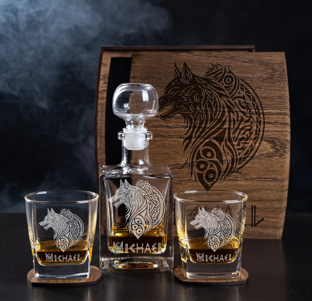 Personalized Whiskey Decanter Set: Engraved Fenrir Viking Wolf, Wood ...