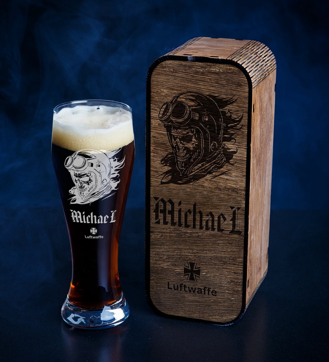 Custom Engraved Beer Glass Set -191- With Aviator Skull Design ...