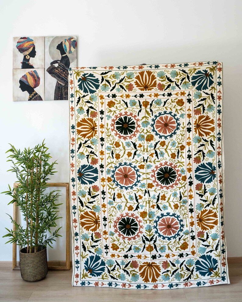 Cotton Suzani Throw Blanket Fully Embroidery Bed Sheet Bedspread Suzani ...