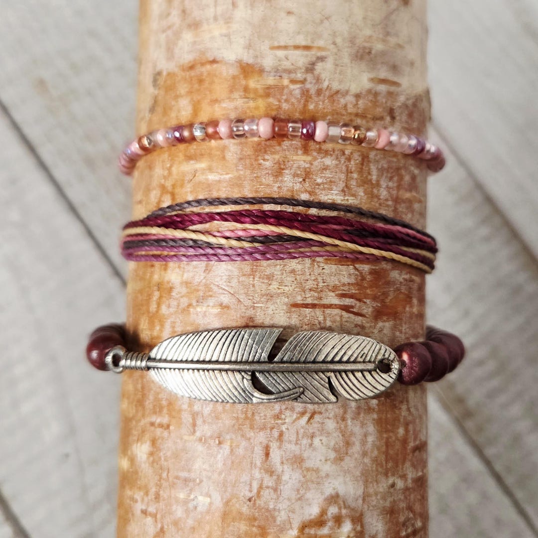 Boho Bracelet Stack | Feather, Wood Bead & Czech Glass Jewelry - Etsy