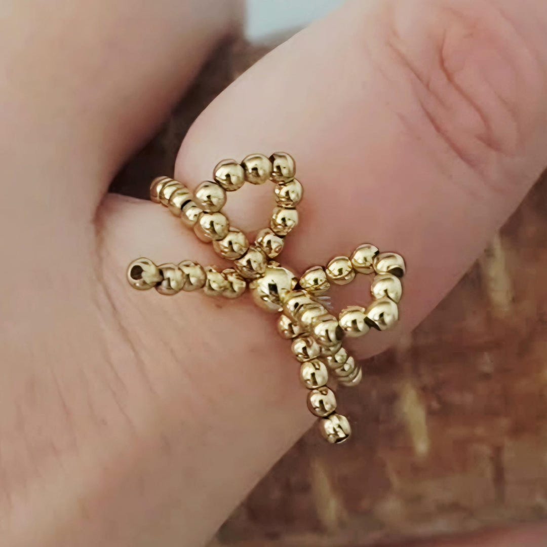18K Gold Filled Bow Ring – Dainty Beaded Stretch Stacking Ring - Etsy