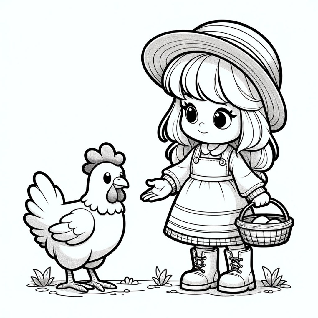 Coloring Page Instant Download - Chicken and Girl in the Farm / Animal ...