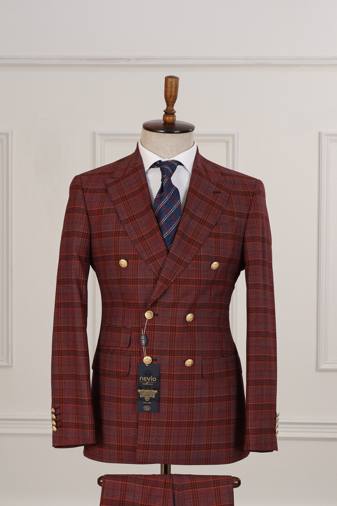 Double Breasted Red Checked Men’s Suit, Golden 6 Button Casual , Slim ...