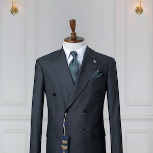 Double Breasted Men’s Suit, Peak Lapel, Flap Pocket, 220’s Wool Dobby ...