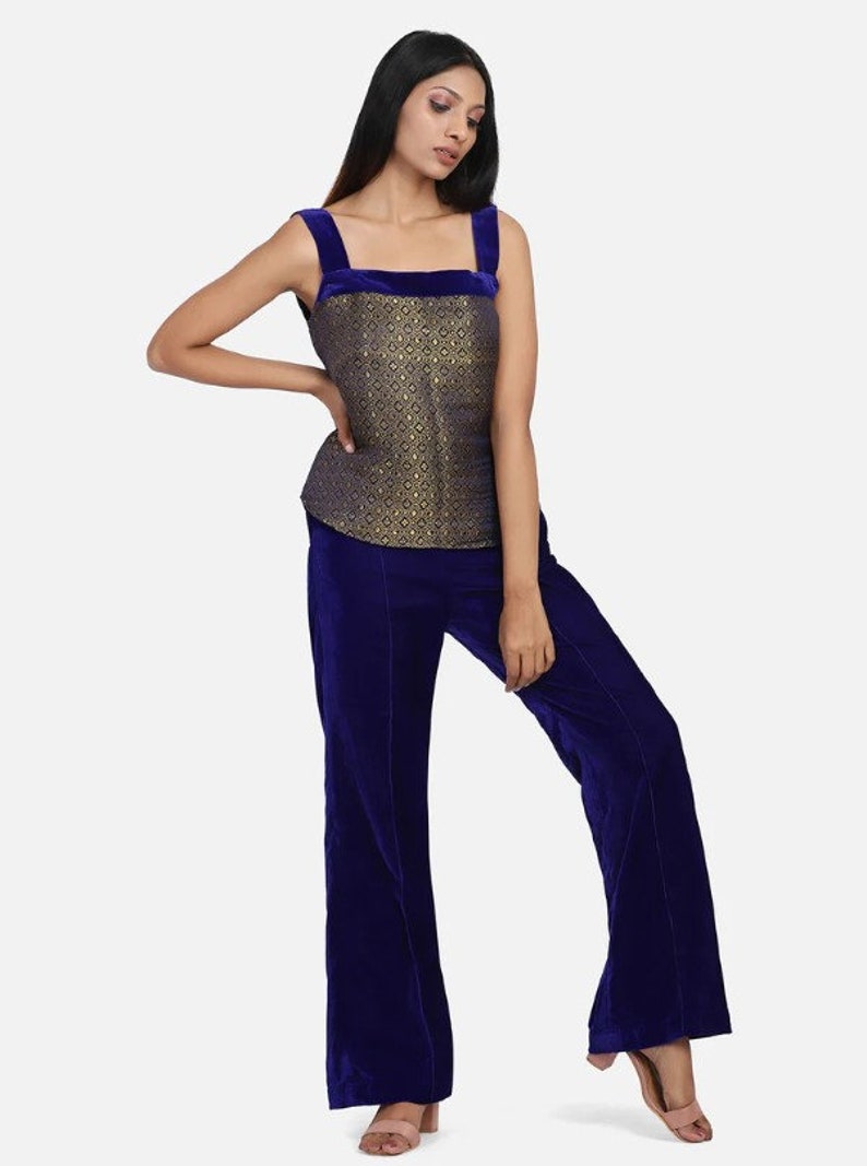 Women Navy Blue Velvet Pant Suit With Brocade Top 3 Piece Etsy