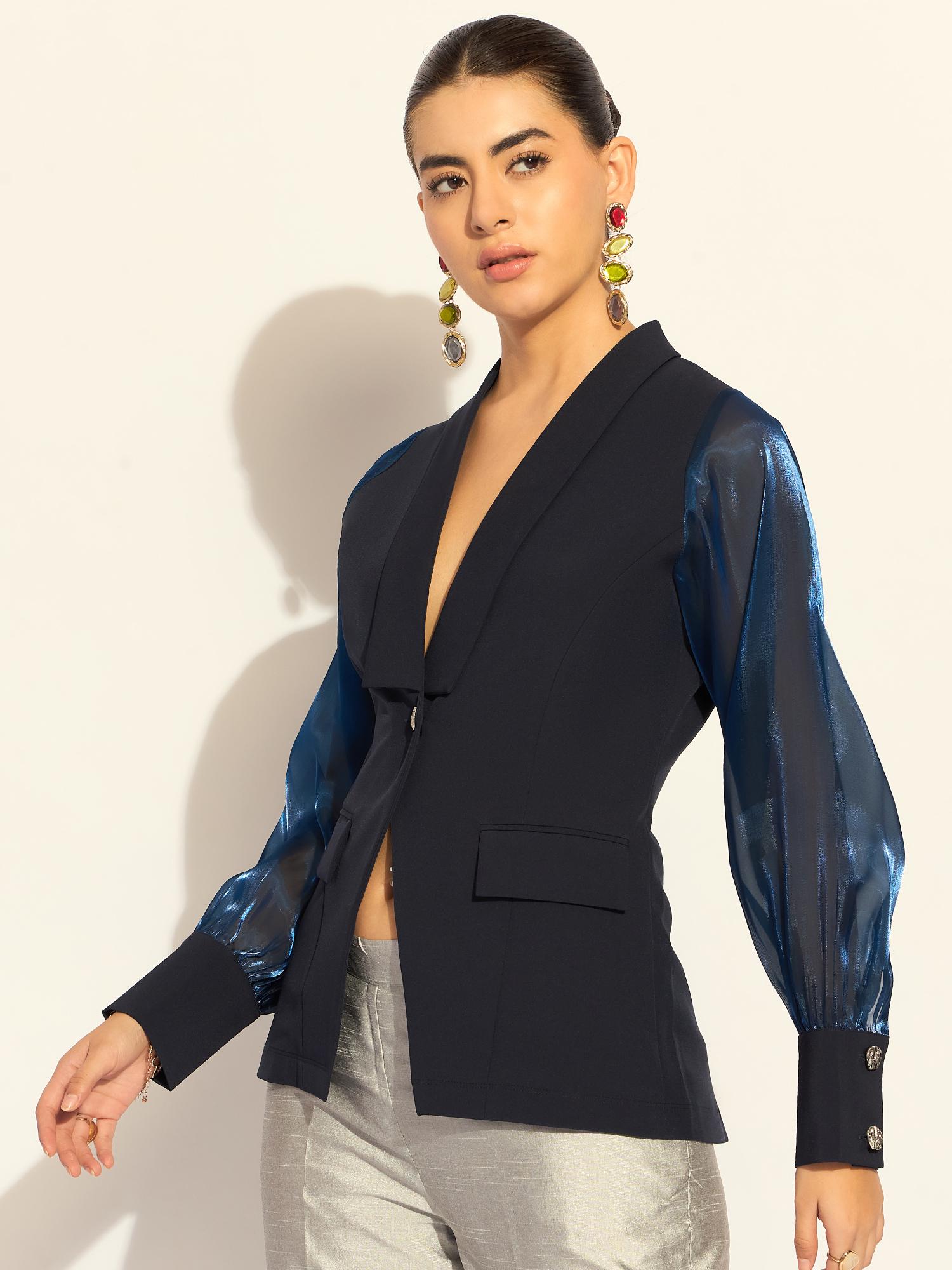 Navy Puffed-sleeves Split Joint Top in Stretchable Fabric - Etsy