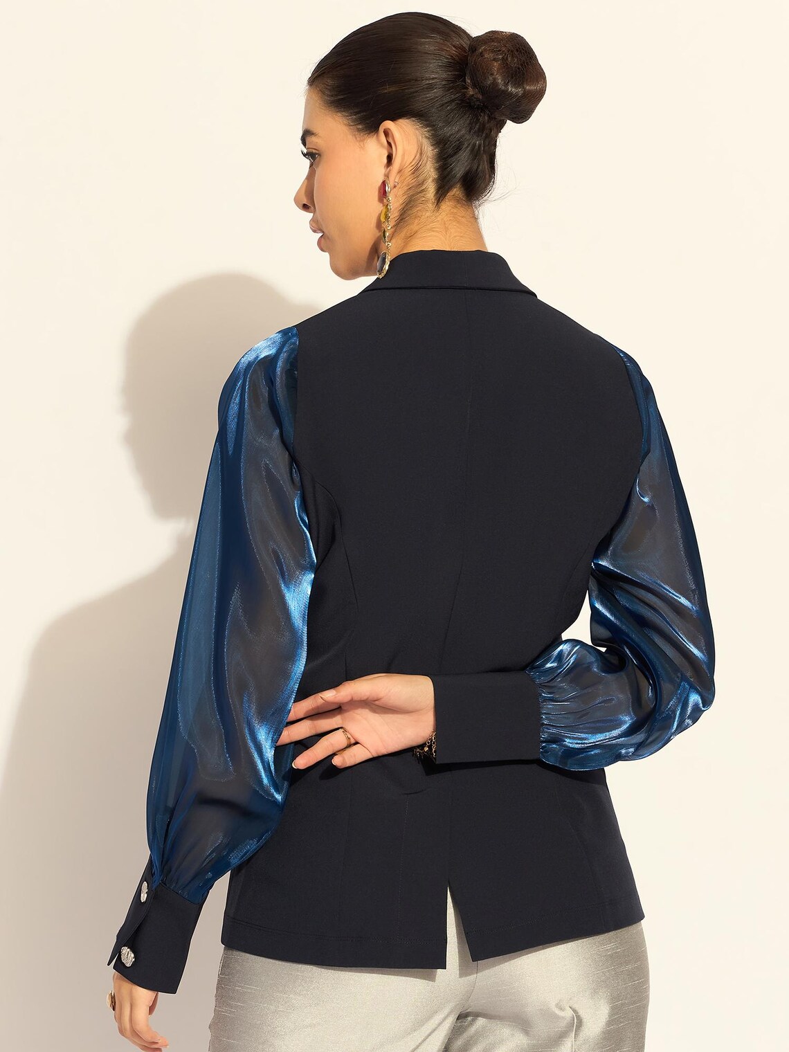 Navy Puffed-sleeves Split Joint Top in Stretchable Fabric - Etsy