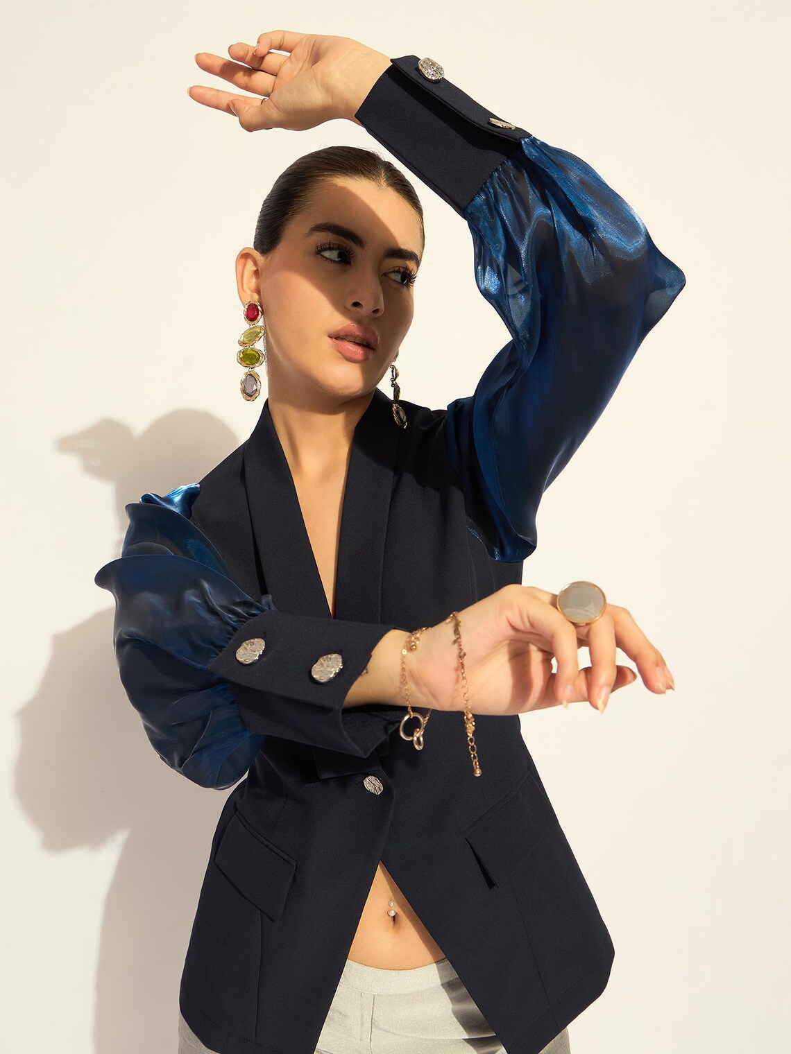 Navy Puffed-sleeves Split Joint Top in Stretchable Fabric - Etsy