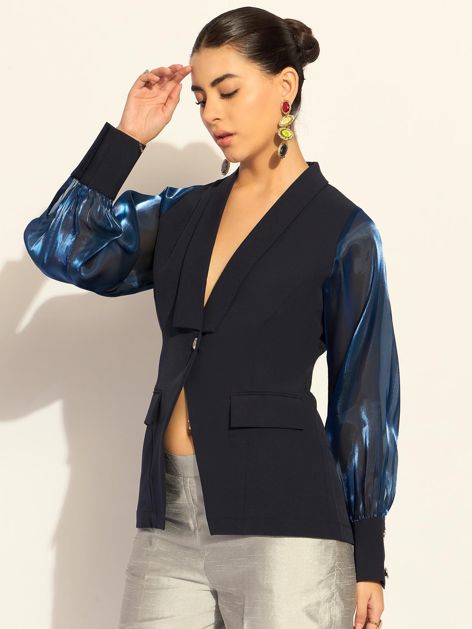 Navy Puffed-sleeves Split Joint Top in Stretchable Fabric - Etsy