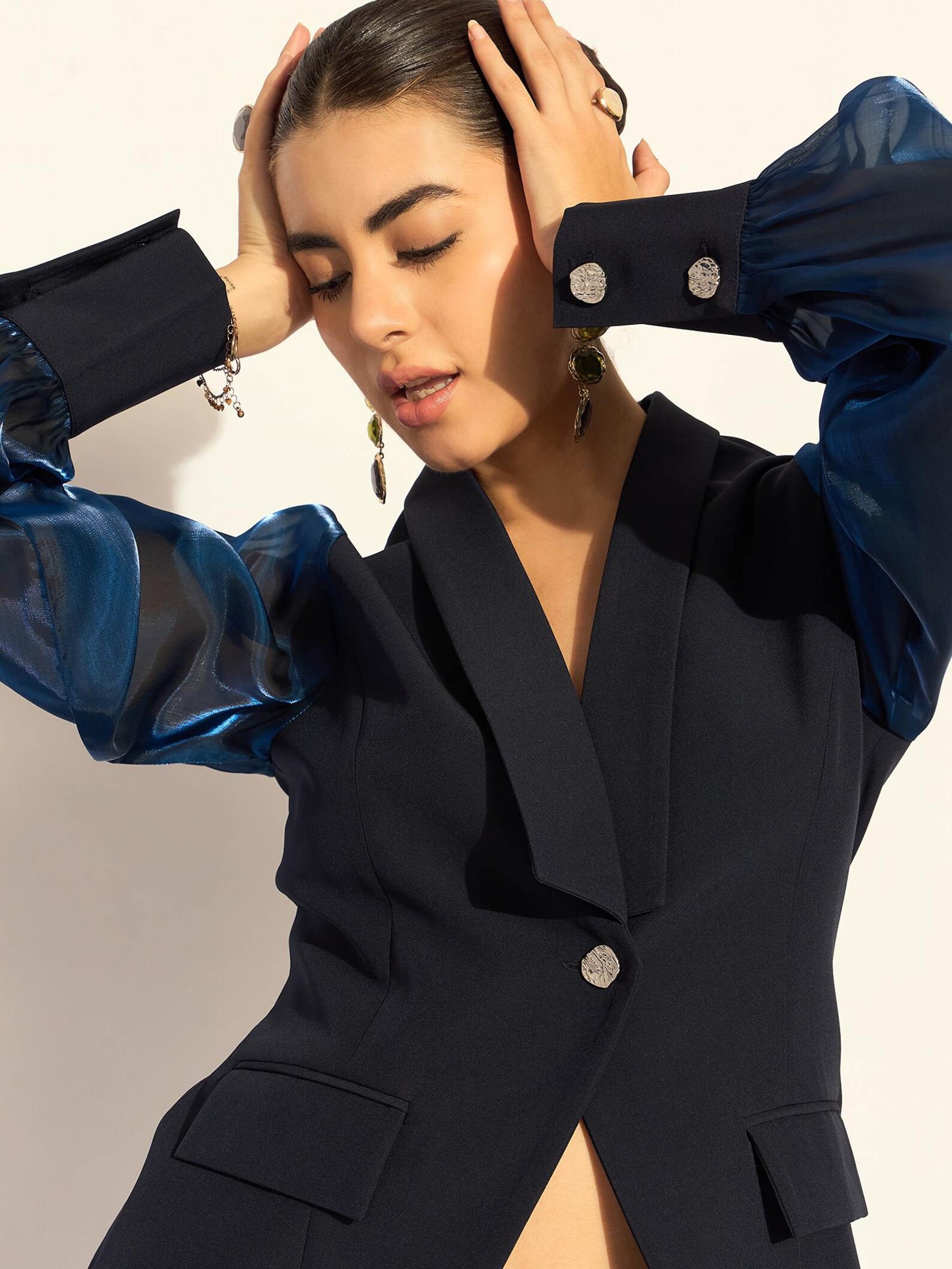 Navy Puffed-sleeves Split Joint Top in Stretchable Fabric - Etsy