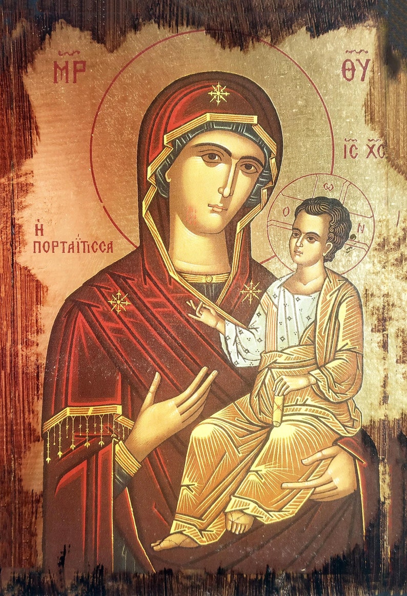 Virgin Mary Portaitissa Handmade Icon, 6''x9''in/15x22cm Aging ...