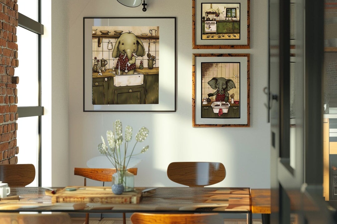 Baby Elephant Washing Dishes Vintage Kitchen Illustration Art Print ...