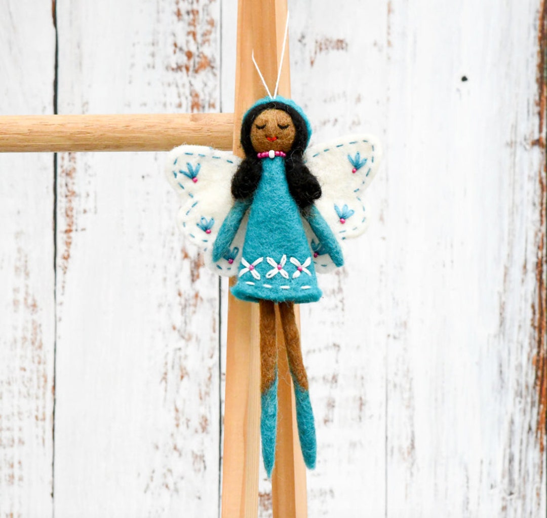 Felt Angel Fairy , White Wings Fairy, Cyan Blue Dress, Felt Christmas ...