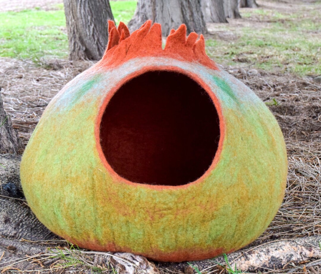 Handmade Felt Cat Cave Pod , Volcano Design in Green and Orange Wool ...