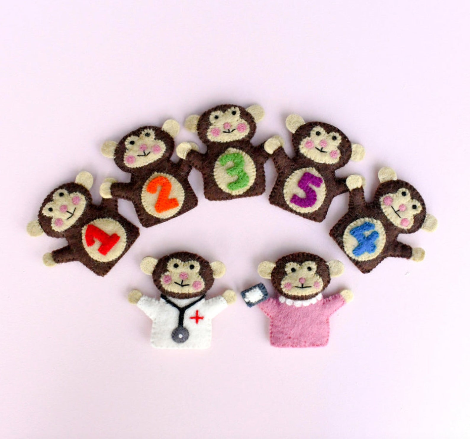 Set of 7 Handmade Wool Felt Finger Monkey Puppets Nursery - Etsy