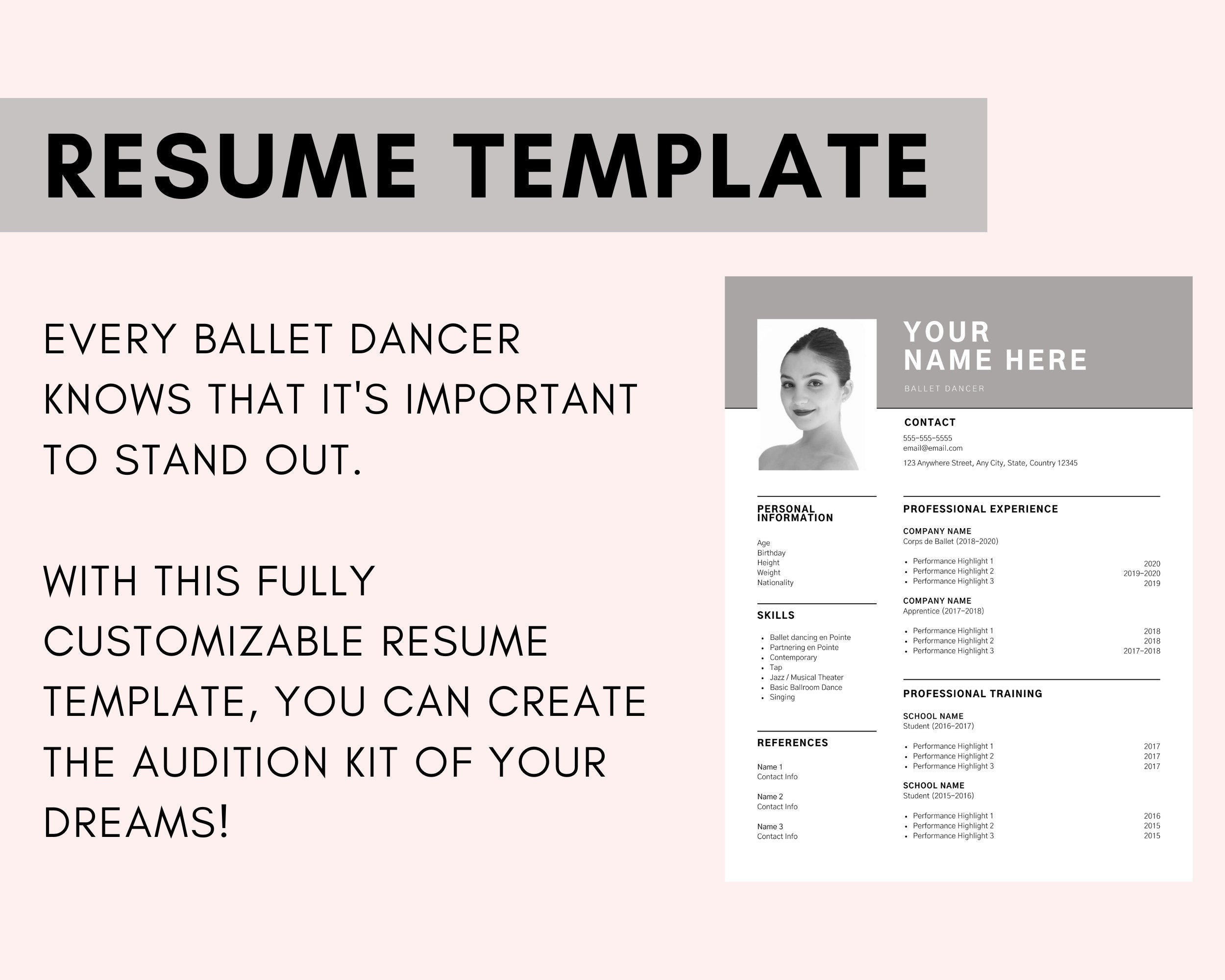 Ballet Resume and Cover Letter Template in Gray for Ballerina Audition ...