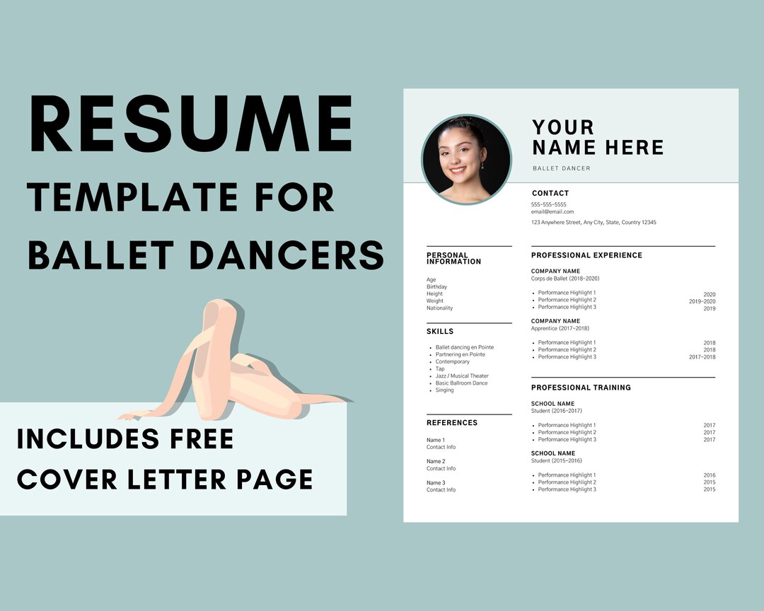 Ballet Resume and Cover Letter Template in Blue for Ballerina Audition ...
