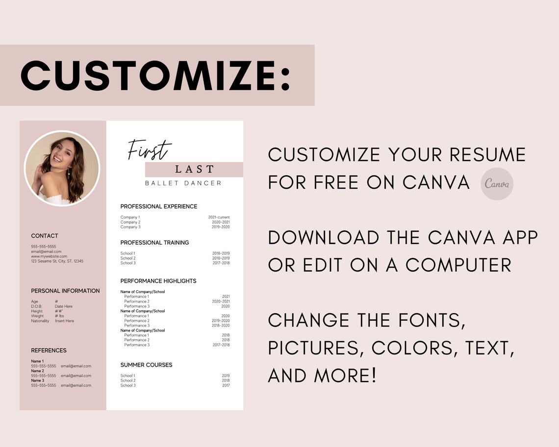 Ballet Resume and Cover Letter Template in Pink for Ballerina Audition ...