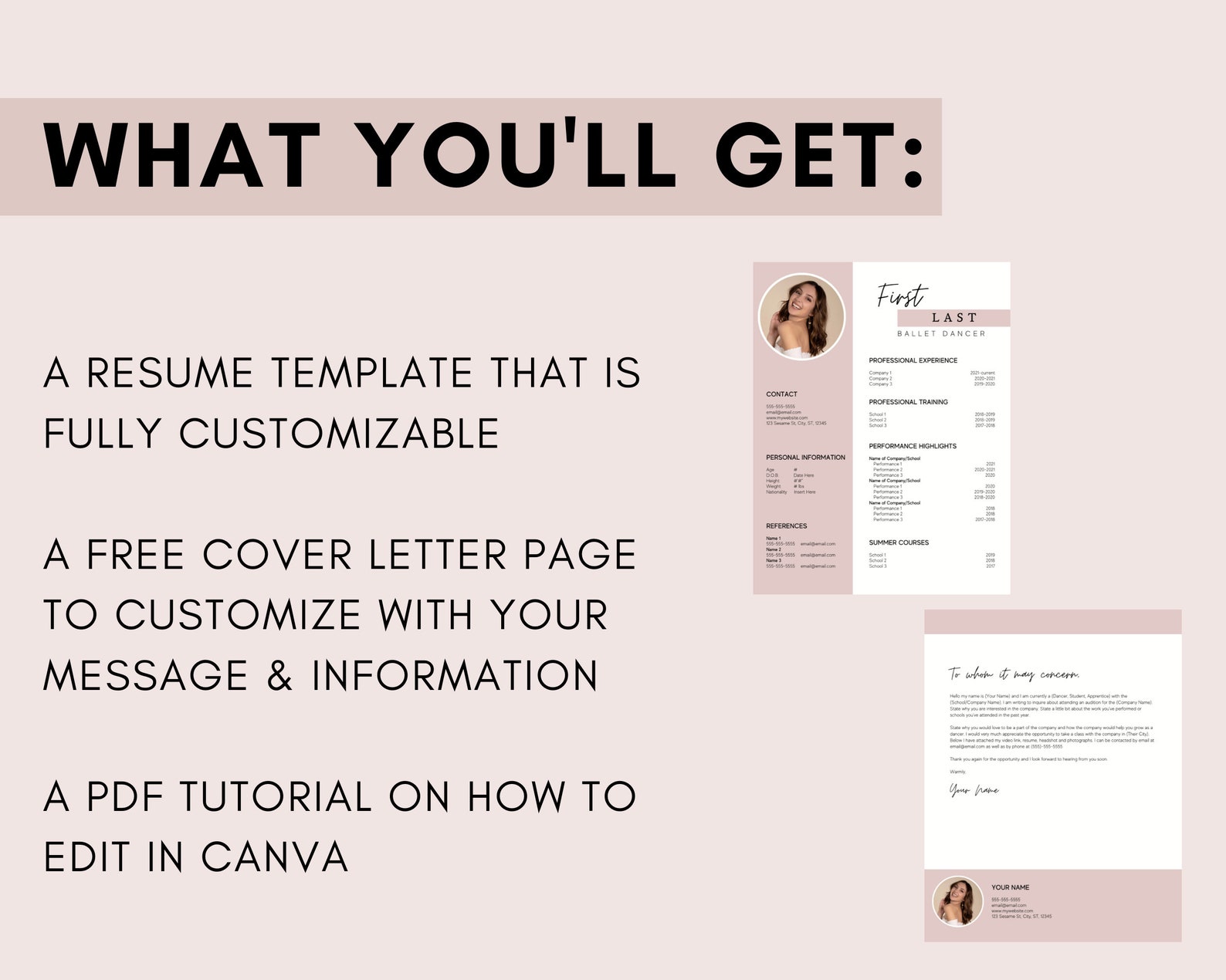 Ballet Resume and Cover Letter Template in Pink for Ballerina Audition ...