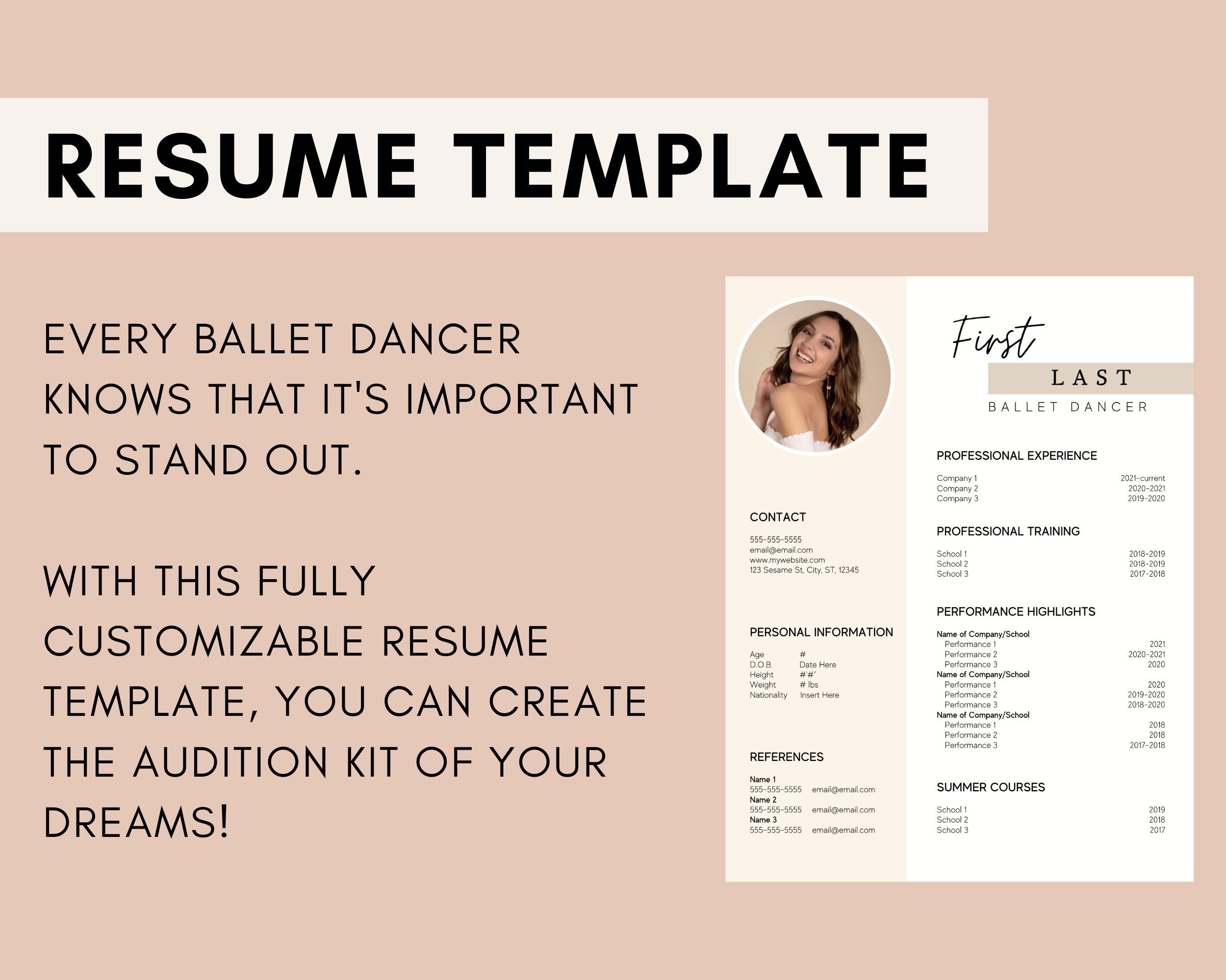 Ballet Resume and Cover Letter Template in Neutral for - Etsy