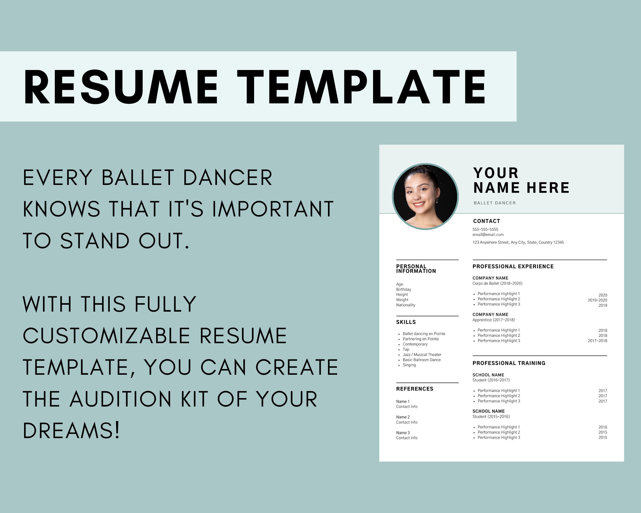 Ballet Resume and Cover Letter Template in Blue for Ballerina Audition ...