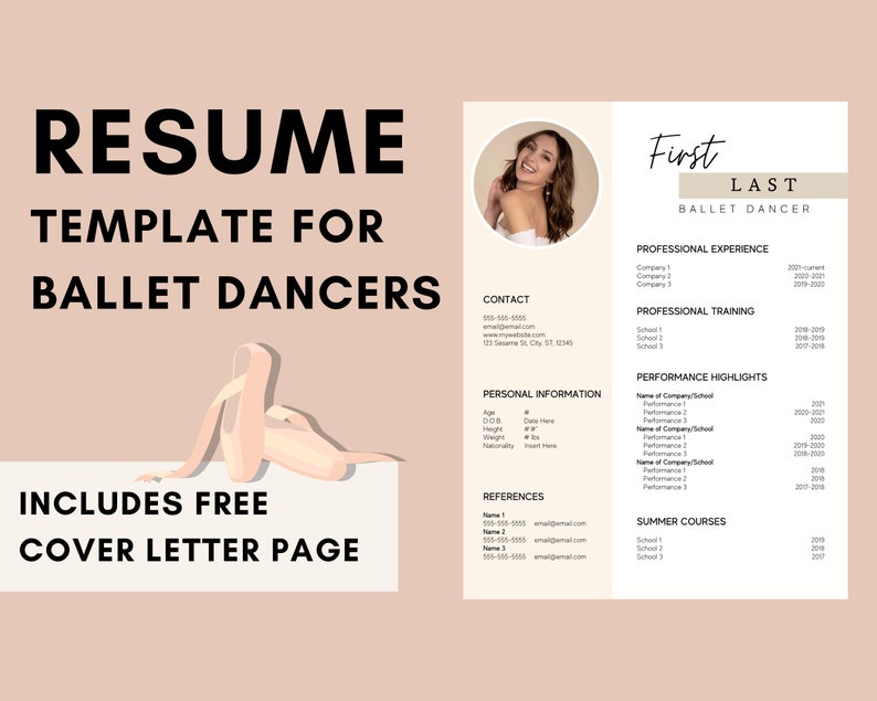 Ballet Resume and Cover Letter Template in Neutral for Ballerina ...