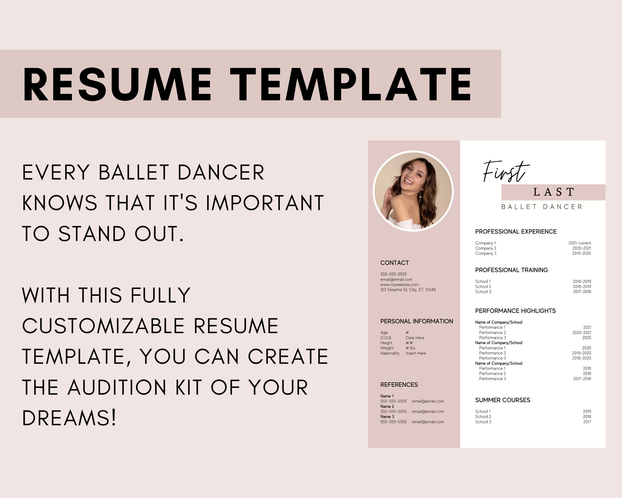 Ballet Resume and Cover Letter Template in Pink for Ballerina Audition ...