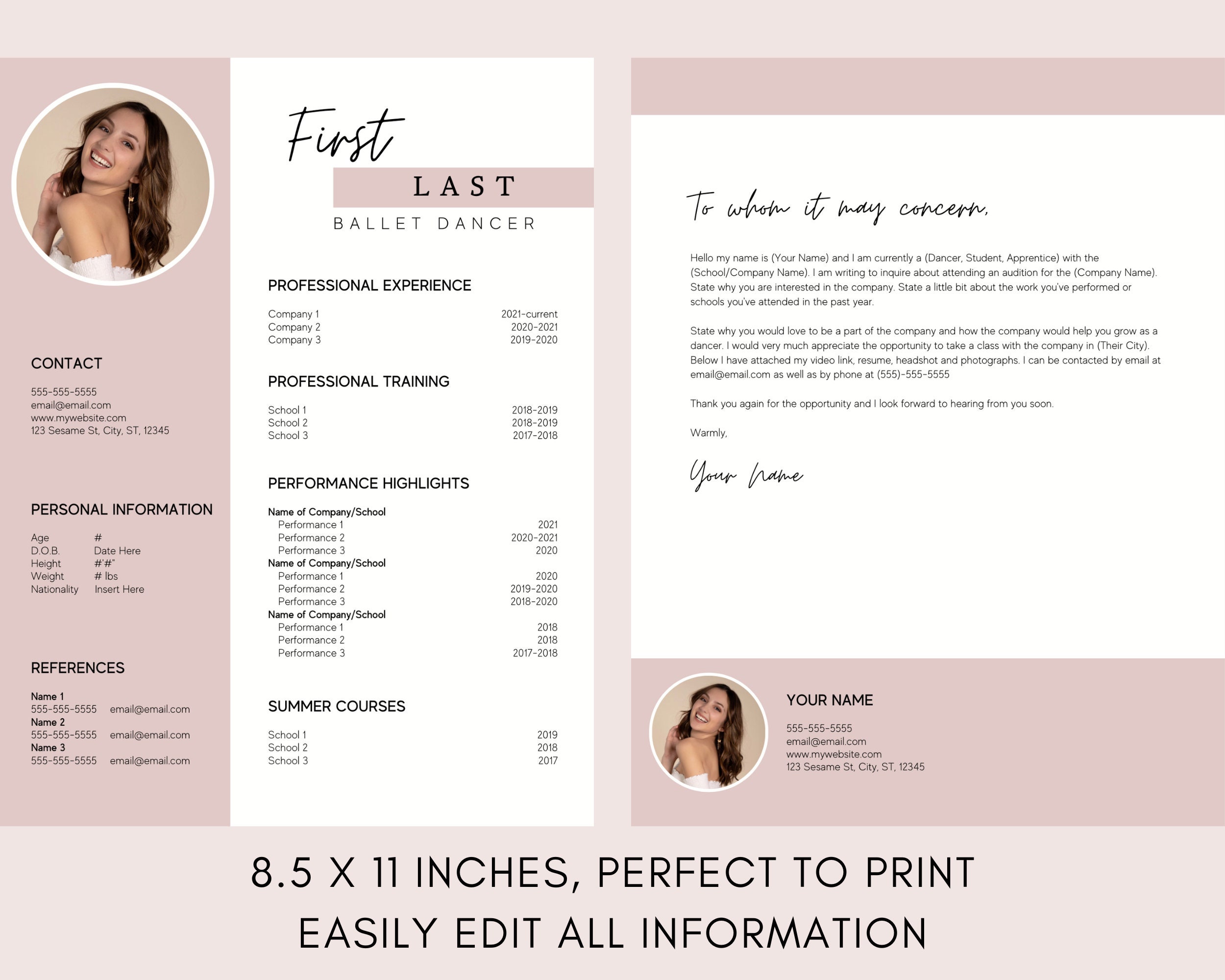 Ballet Resume and Cover Letter Template in Pink for Ballerina Audition ...