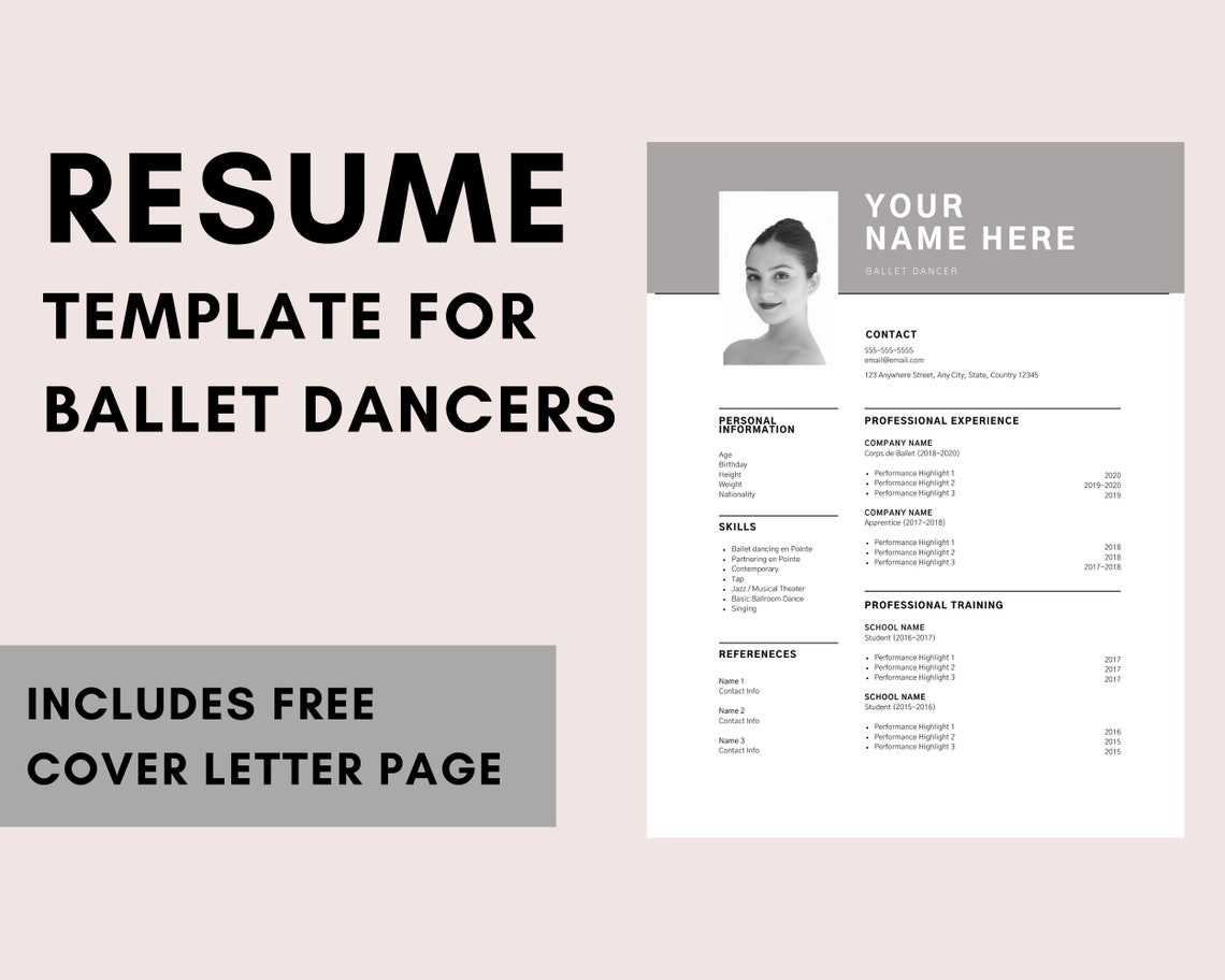 Ballet Resume and Cover Letter Template in Gray for Ballerina - Etsy