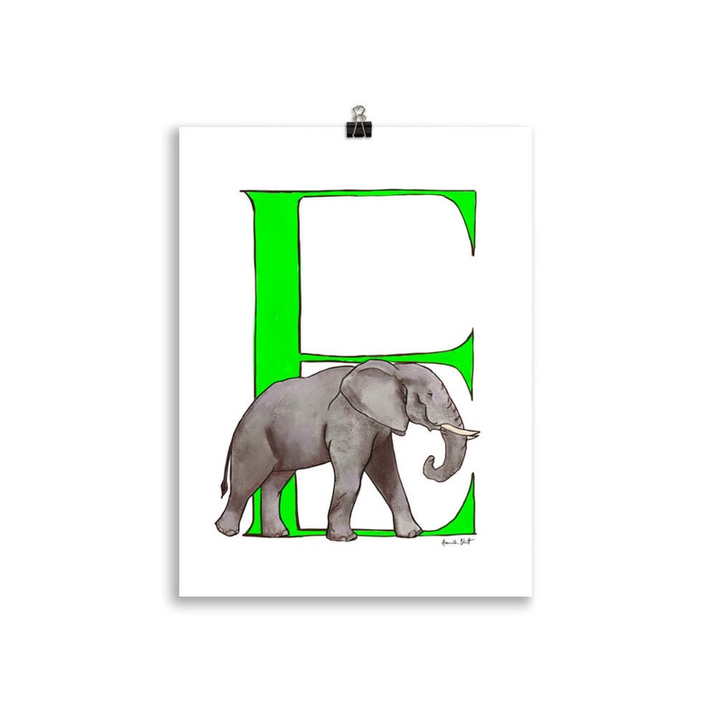 E is for Elephant Poster, Nursery Artwork, Animal Initial Print ...