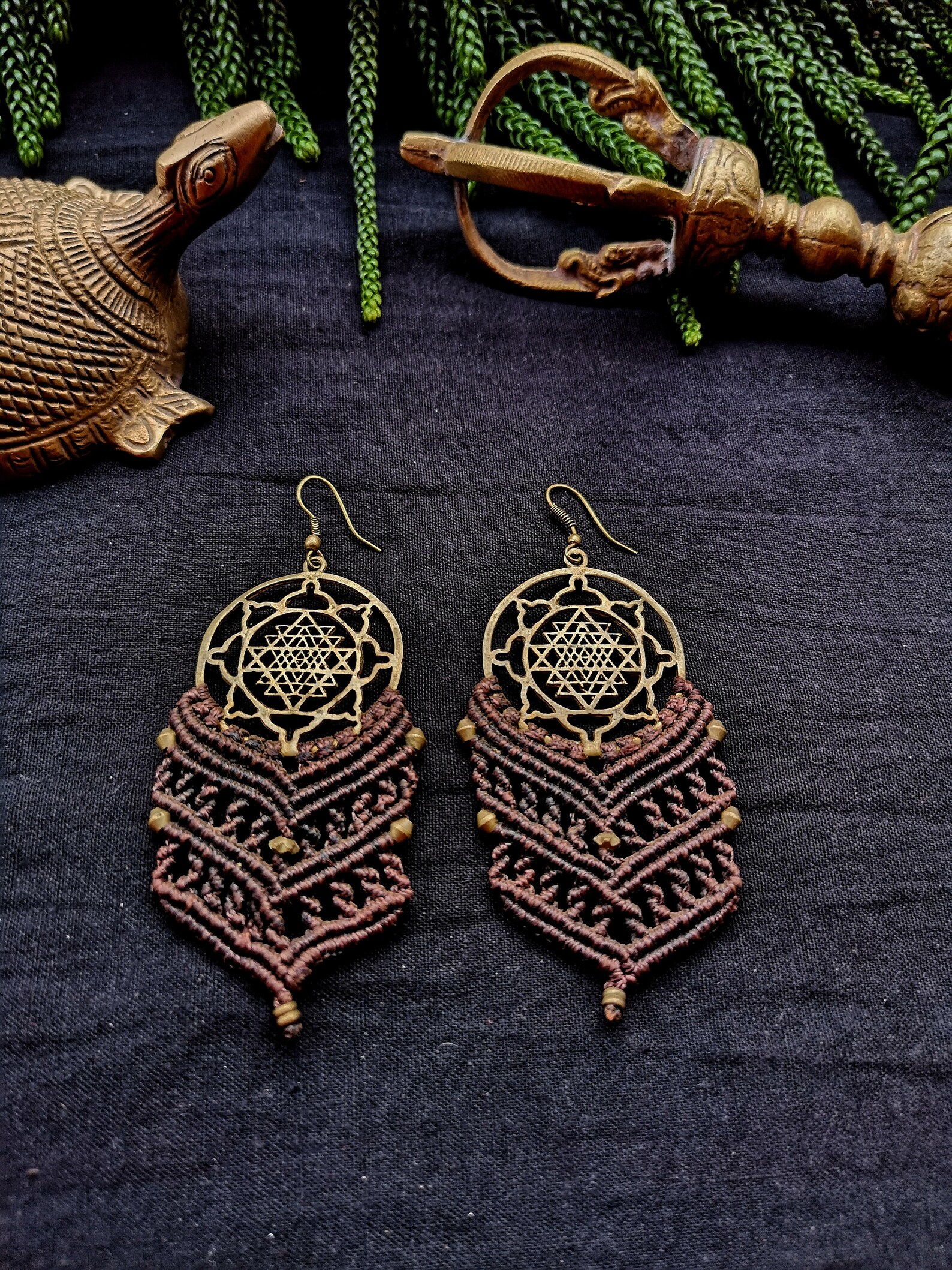 Sri Yantra Earrings, Macrame, Brass, Bohemian Jewelry, Spiritual ...