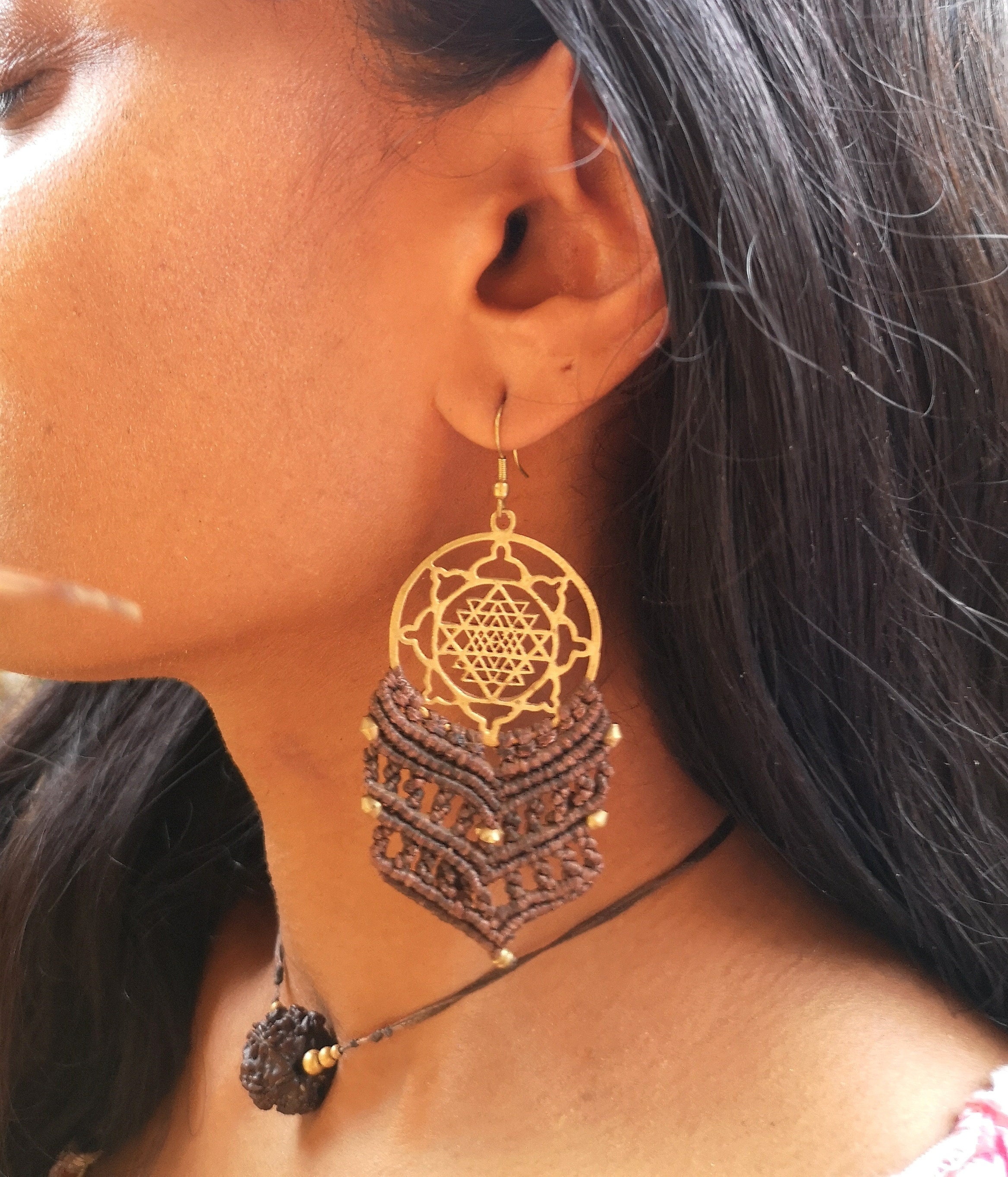 Sri Yantra Earrings, Macrame, Brass, Bohemian Jewelry, Spiritual ...