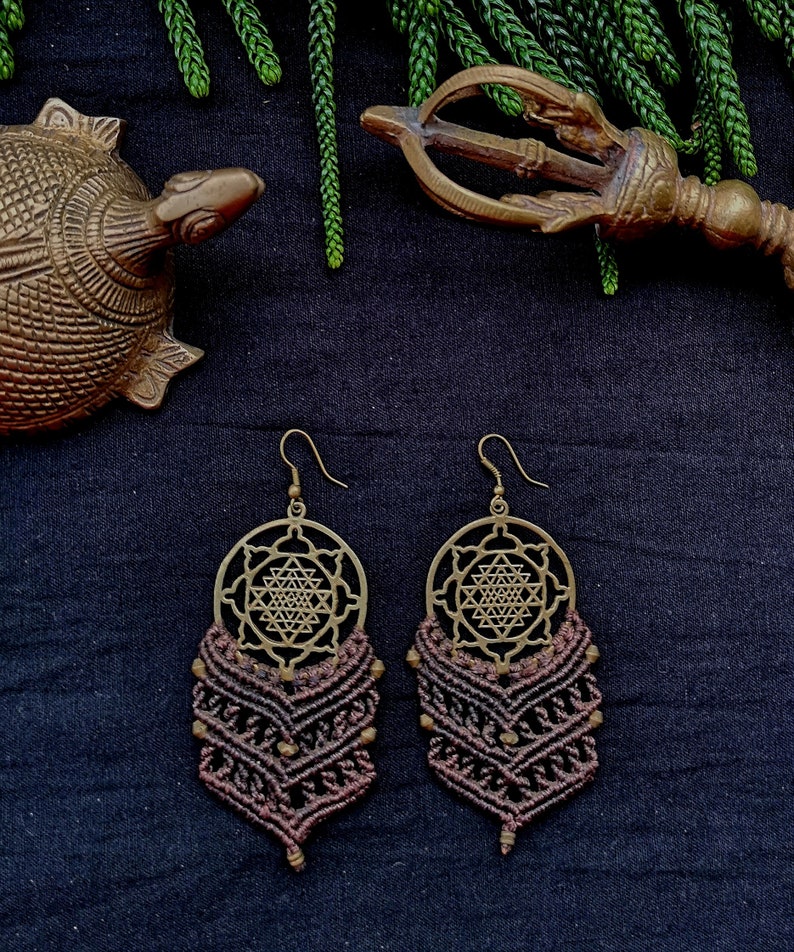 Sri Yantra Earrings, Macrame, Brass, Bohemian Jewelry, Spiritual ...