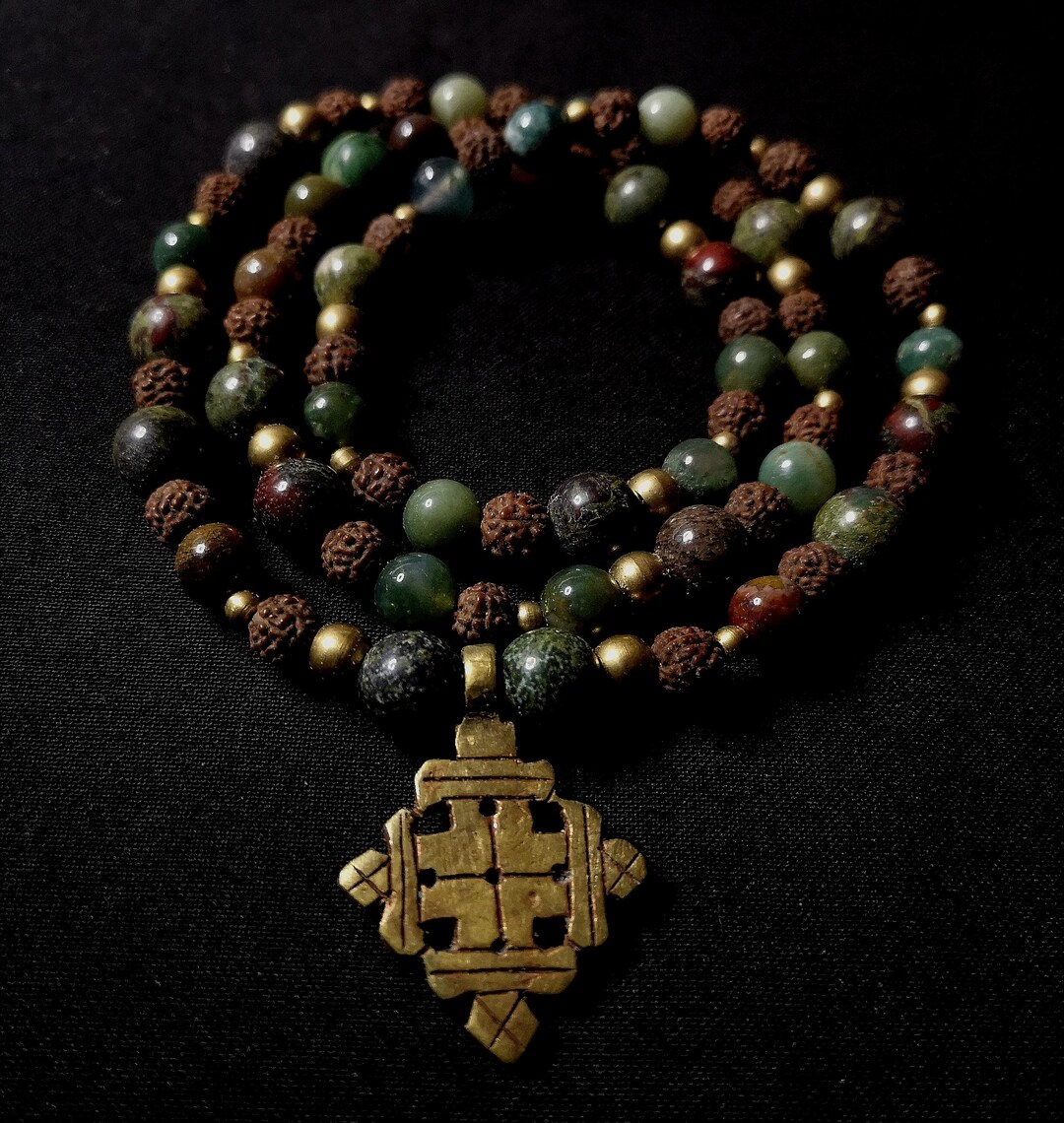 Axumite Coptic Cross, Dragon Bloodstone, Ocean Jasper, Rudraksha, Brass ...