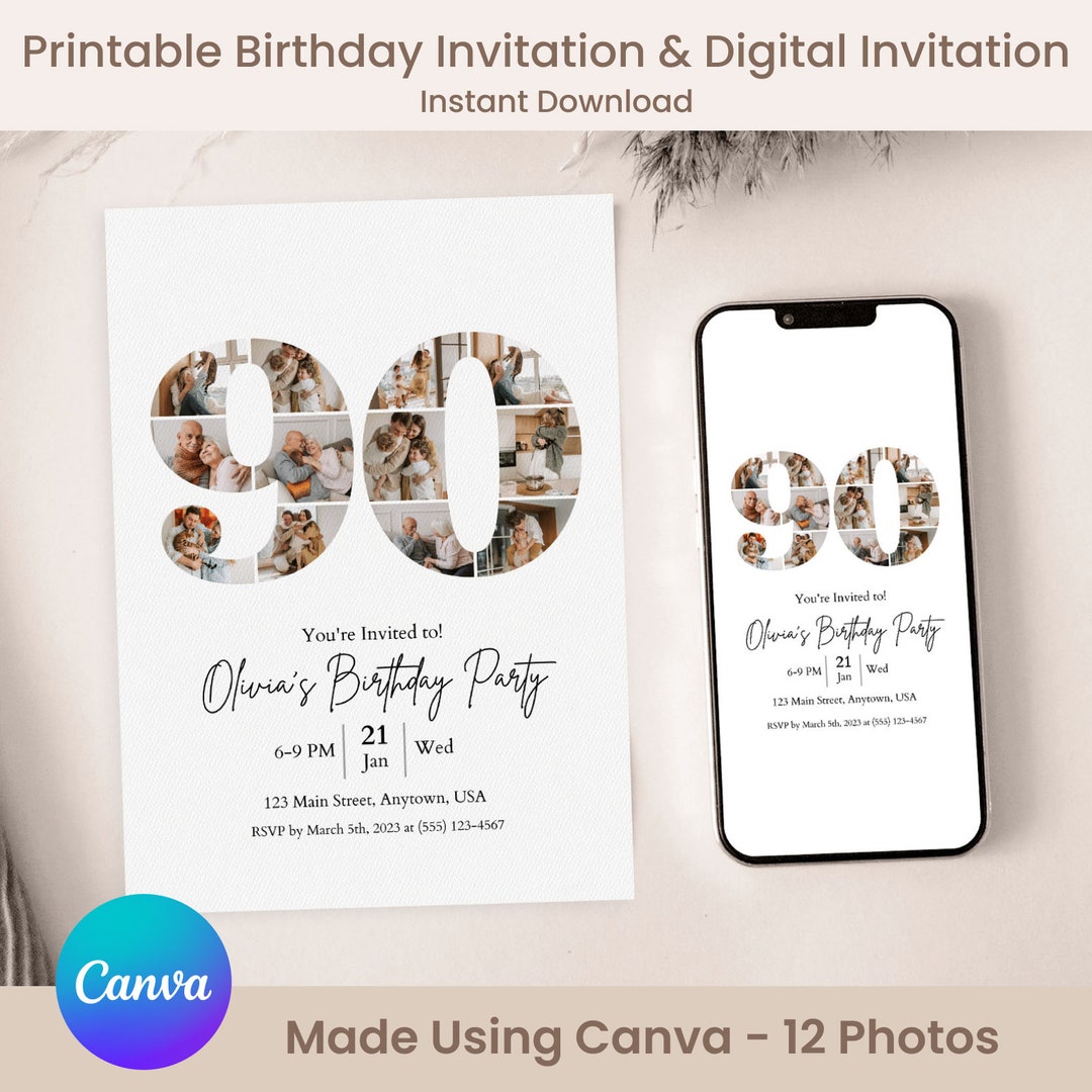 Minimalist 90th Year Birthday Photo Invitation Easy Drag and Drop - DIY ...