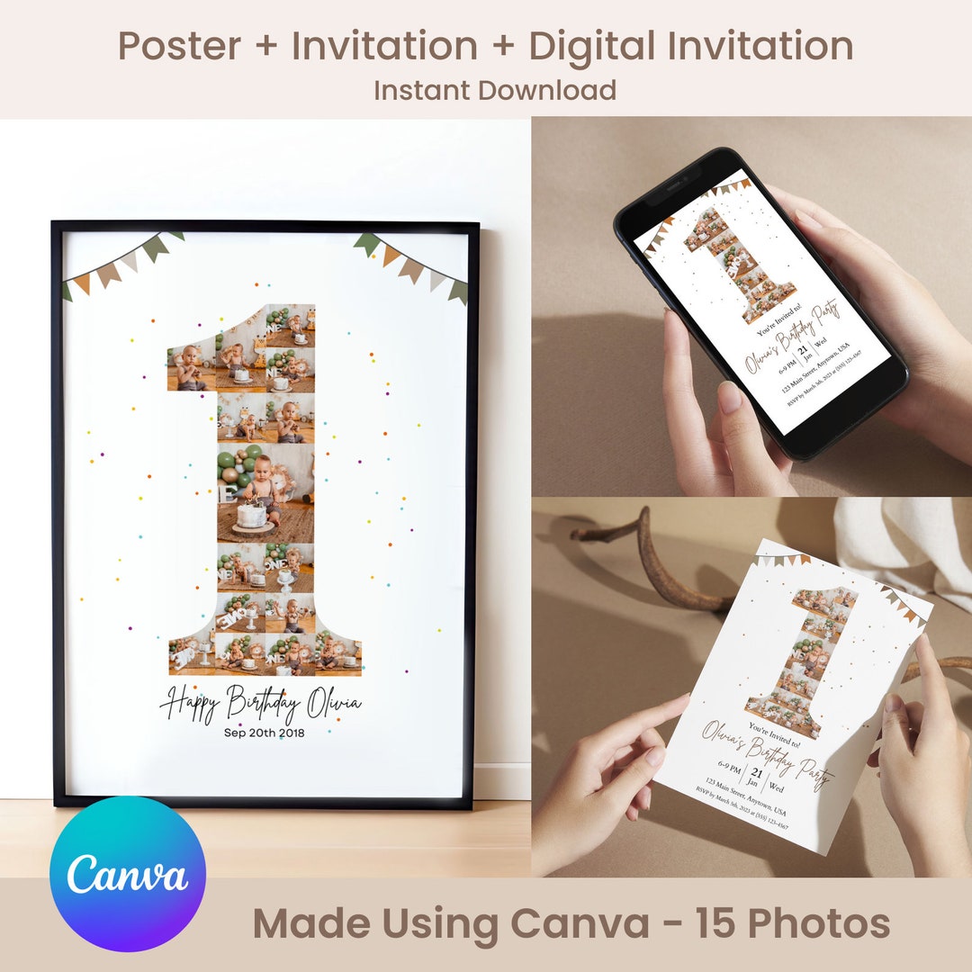 1st Year Birthday Photo Collage Easy Drag and Drop - DIY on Canva ...