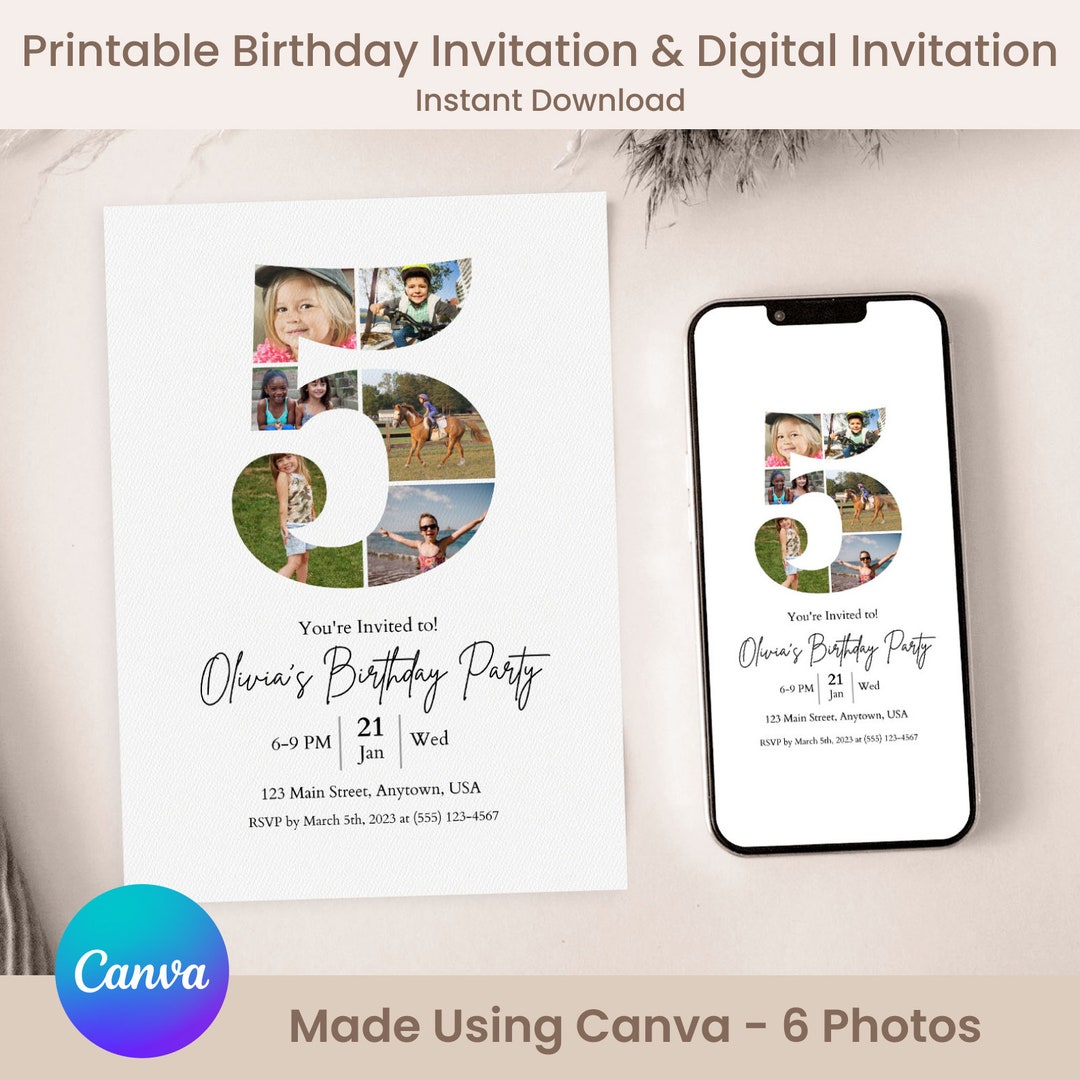 Minimalist 5th Year Birthday Photo Invitation Easy Drag and Drop - DIY ...