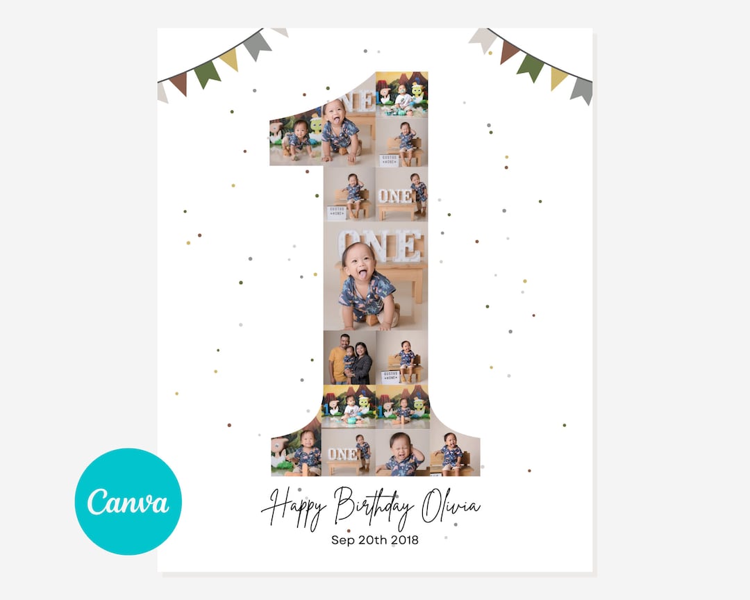 1st Year Birthday Photo Collage Easy Drag and Drop DIY on Canva. First ...