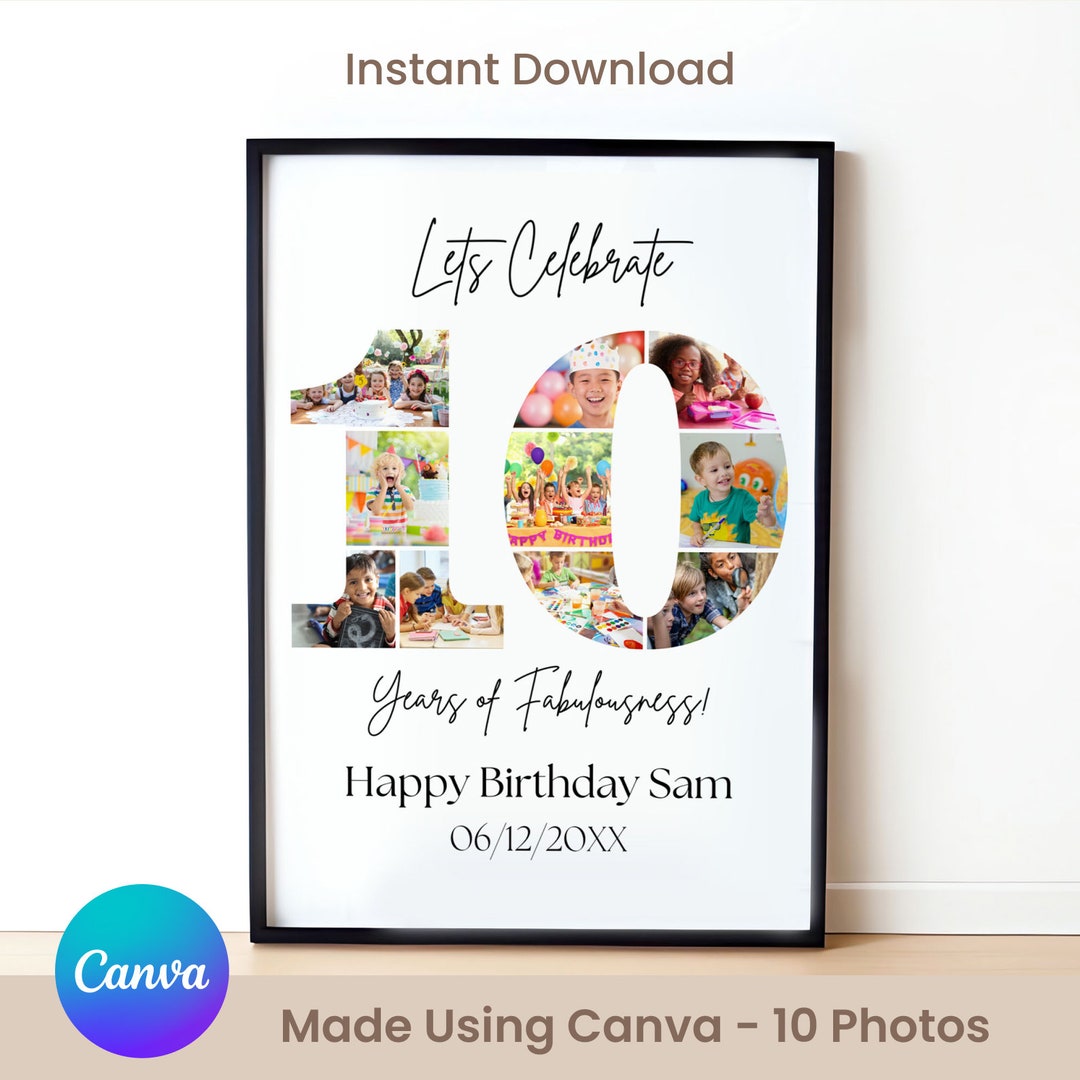 10th Birthday Sign: Celebrating the 10, Personalizable Picture Collage ...
